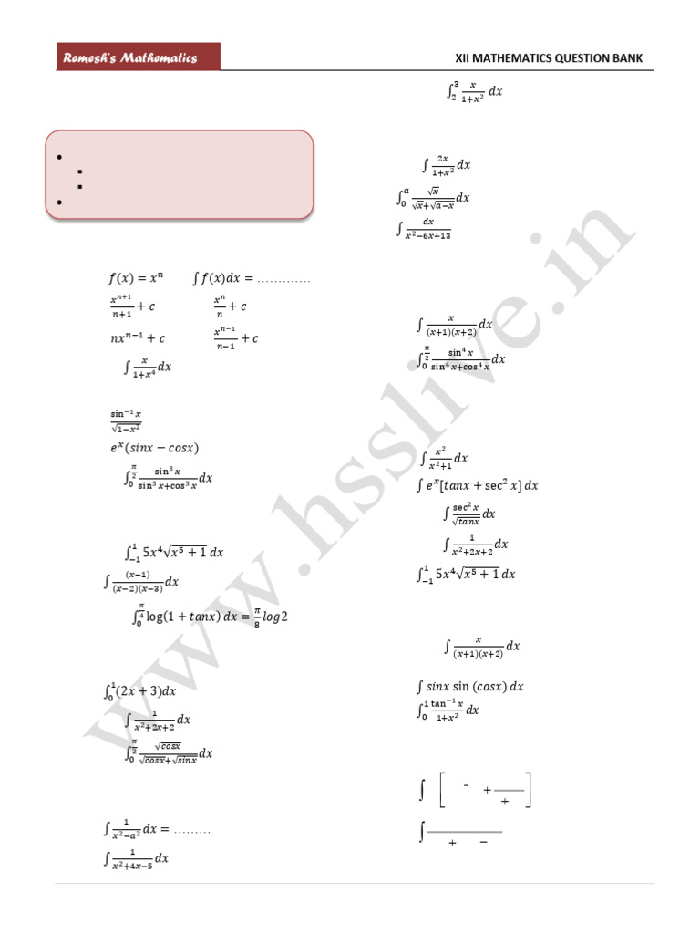 Hsslive Xii Maths QB 07 INTEGRALS 250131 191114 | PDF | Mathematics | Mathematical Analysis