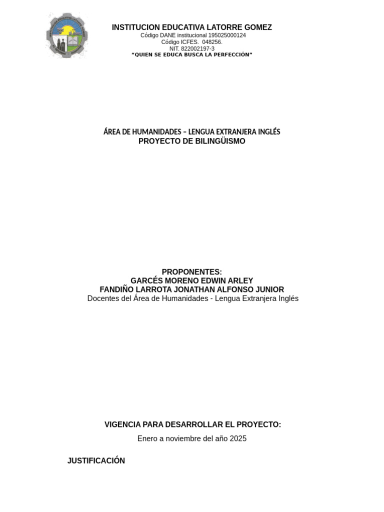 PROYECTO TRANSVERSAL BILINGUISMO LATORRE GOMEZ | PDF | Multilingüismo ...