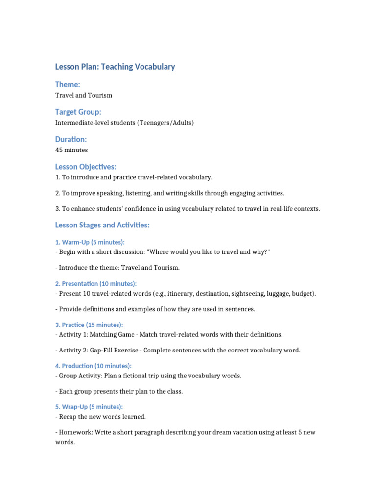 Travel Vocabulary Lesson Plan for Teens | PDF