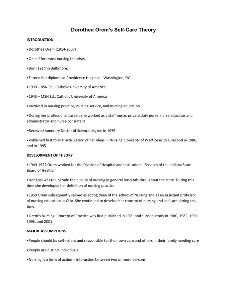 Dorothea Orem-Self Care Theory | PDF | Nursing | Self
