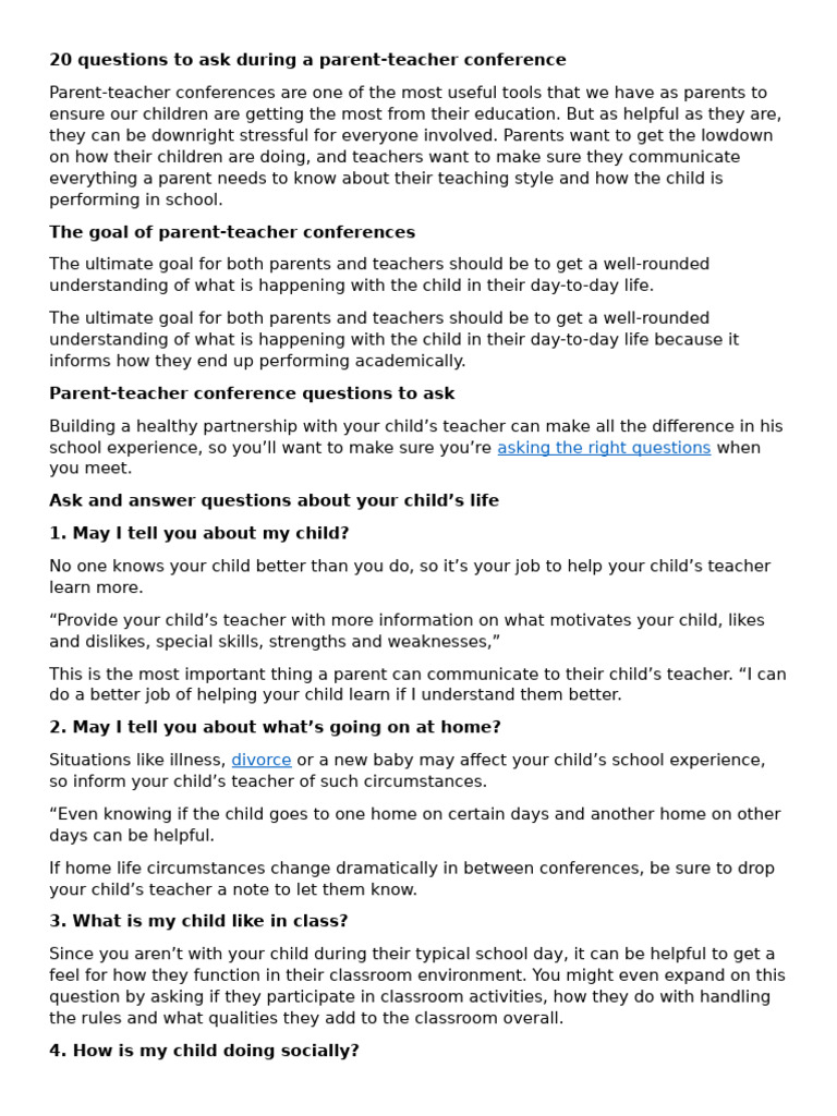 20 Questions To Ask Parent Conference | PDF | Teachers | Standardized Tests