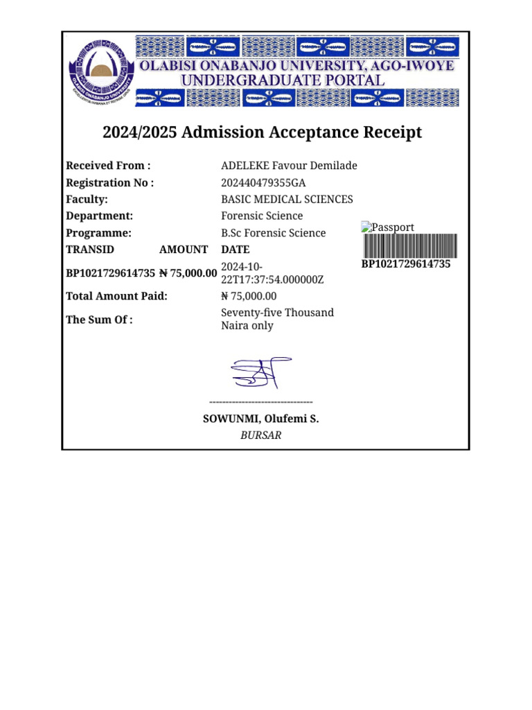 2024 - 2025 Acceptance Receipt | PDF
