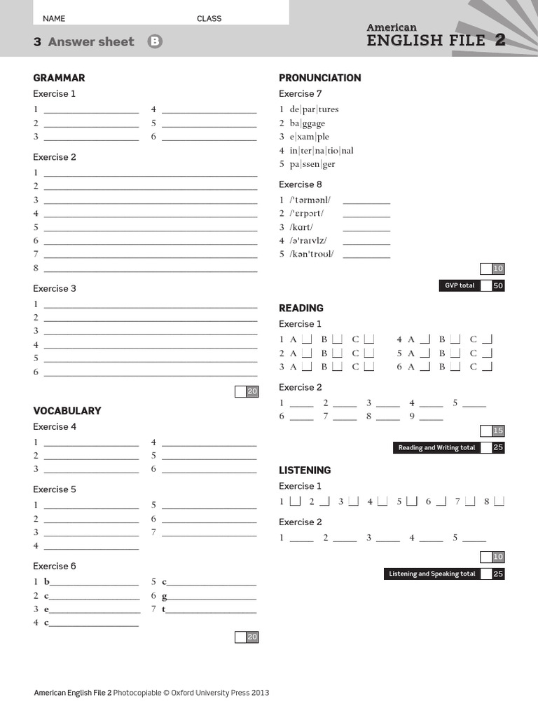AEF2 File3 TestB AnswerSheet | PDF | Applied Linguistics | Linguistics