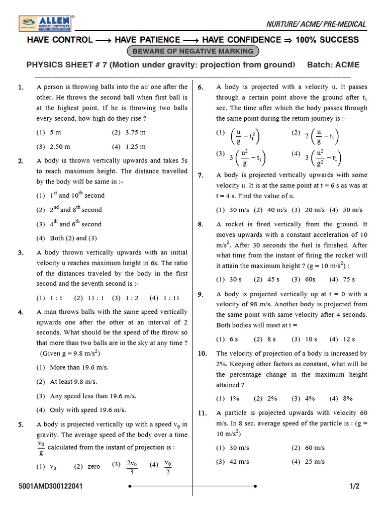 Physics Sheet # 7 (Motion Under Gravity) | PDF | Acceleration | Speed