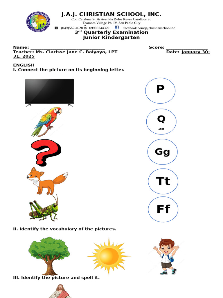 3rd Quarter Exam for Kindergarten Students | PDF