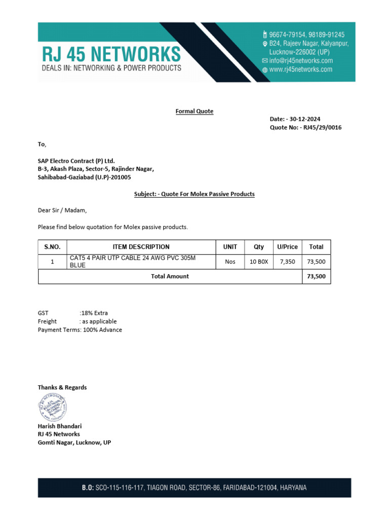 Quotation - Sap Elctro | PDF