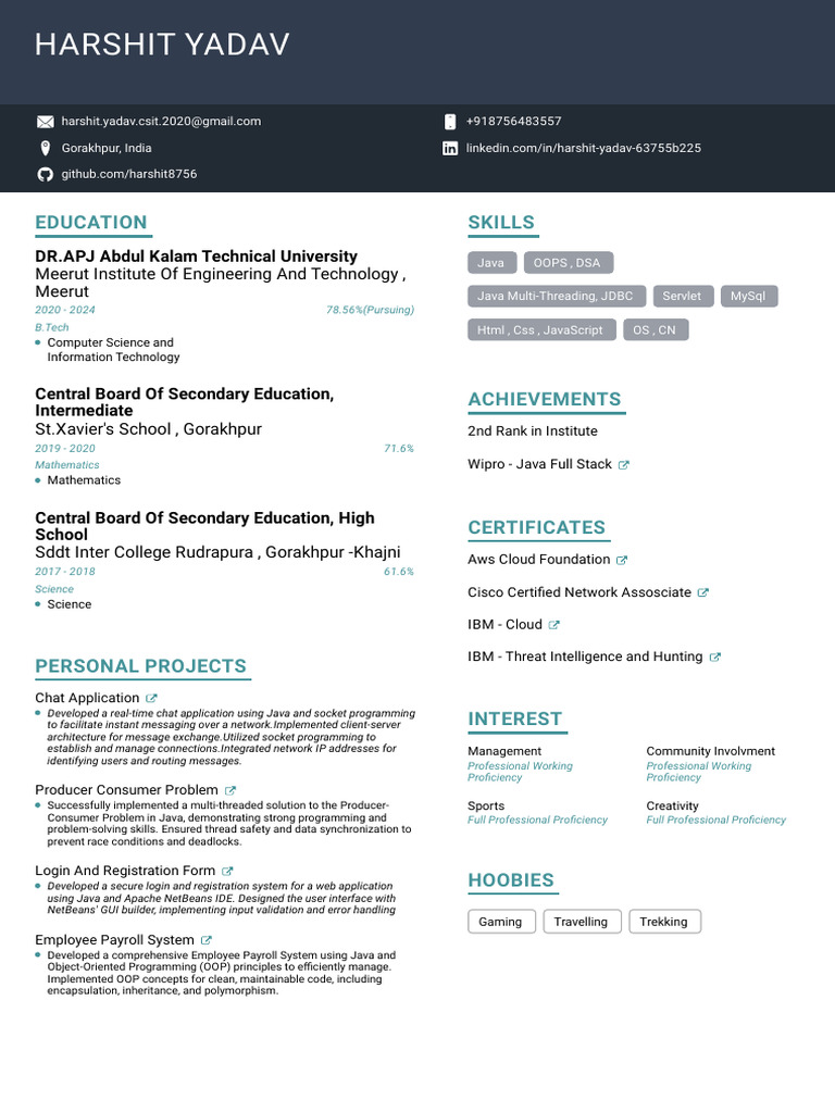 HARSHIT's Resume - HARSHIT YADAV | PDF | Java (Programming Language) | Object Oriented Programming