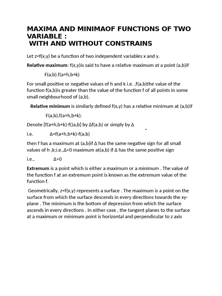 Maxima and Minimaof Functions of Two Variable | PDF | Mathematical Physics | Mathematical Objects