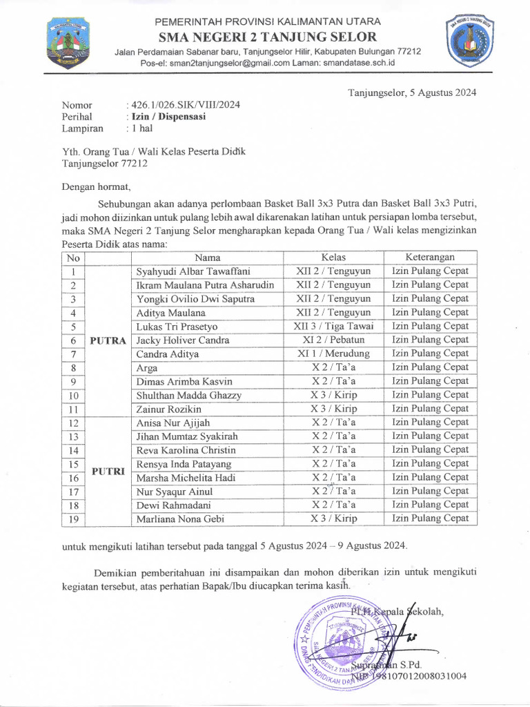 026 SURAT DISPENSASI IZIN PULANG CEPAT | PDF
