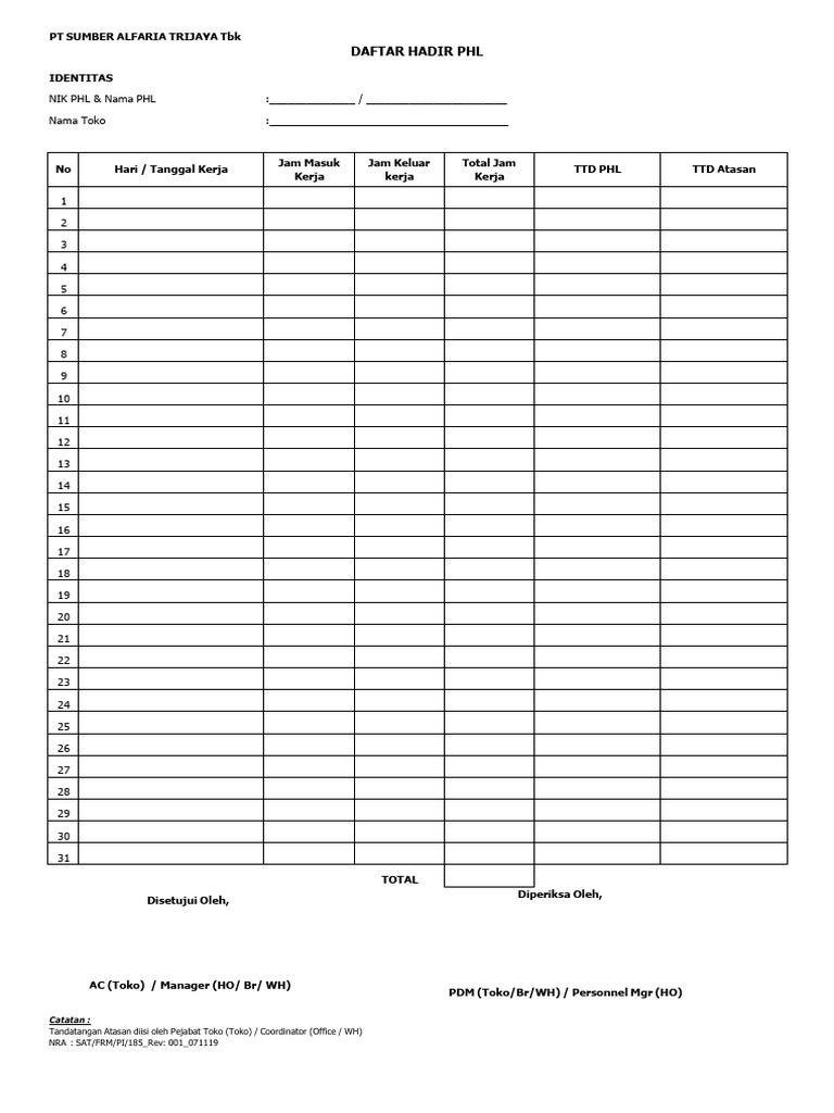 Form Absensi PHL | PDF