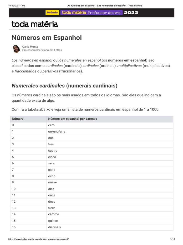 Números em Espanhol: Cardinais e Ordinais | PDF | Linguística ...