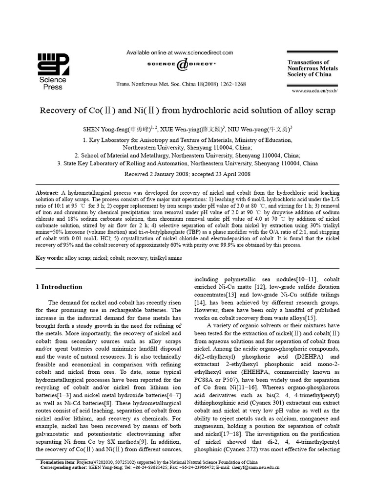 Recovery of Co and Ni From HCL | PDF | Nickel | Hydrochloric Acid