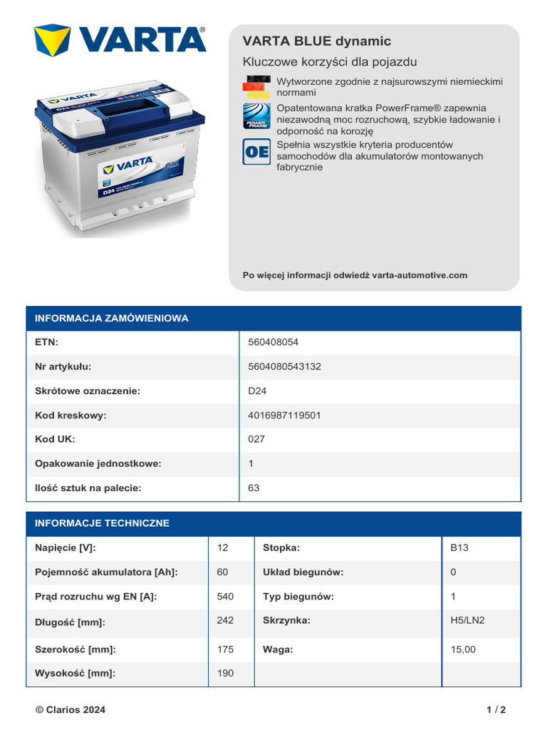 VARTA BLUE Dynamic: Kluczowe Korzyści Dla Pojazdu | PDF
