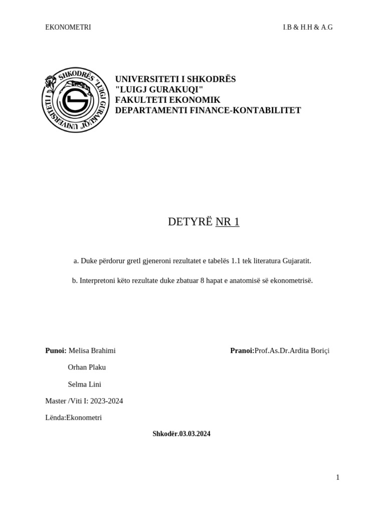 Detyre 1 Ekonometri-Msc Finance 2023-2024 | PDF