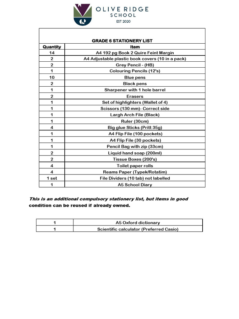 Grade 6 Stationery List 2025 | PDF