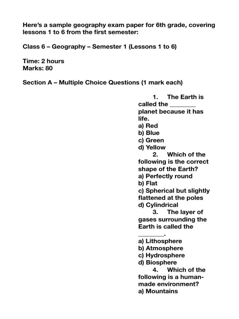 6th Grade Geography Exam Paper | PDF | Earth | Natural Environment