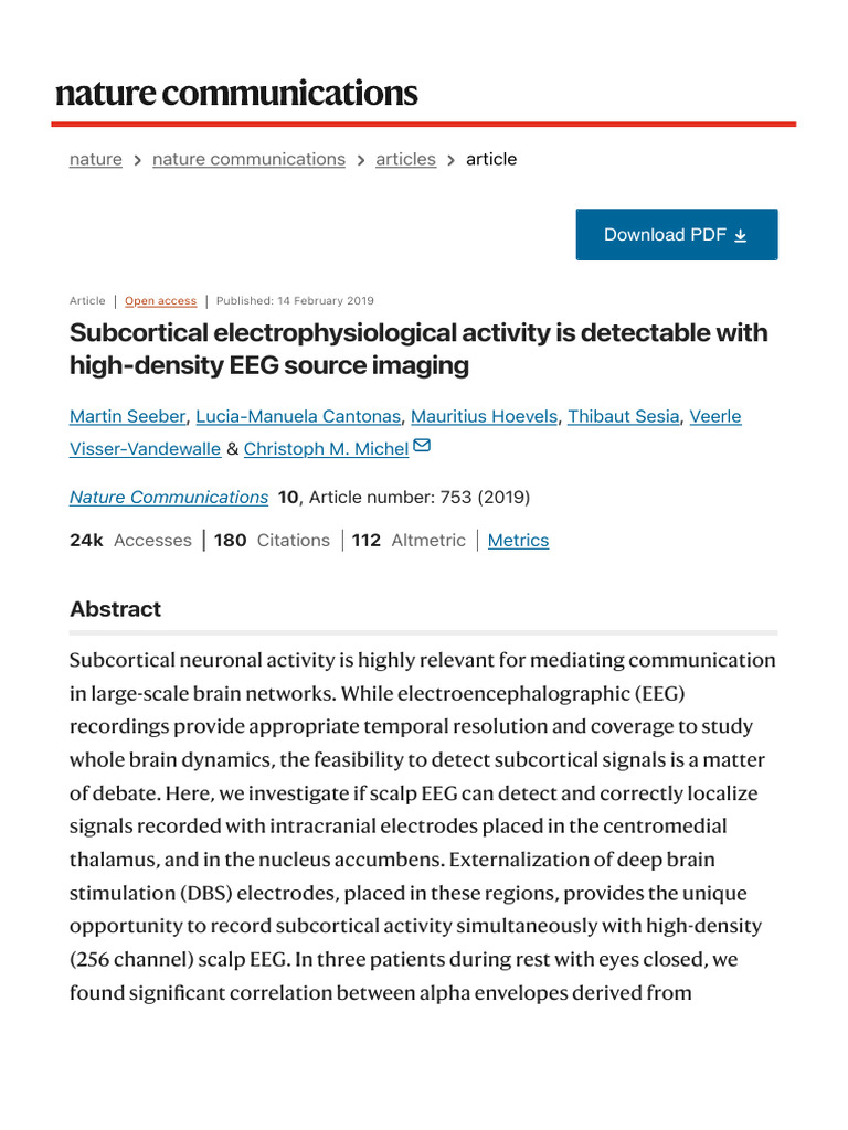 Subcortical Electrophysiological Activity Is Detectable With High-Density EEG Source Imaging ...