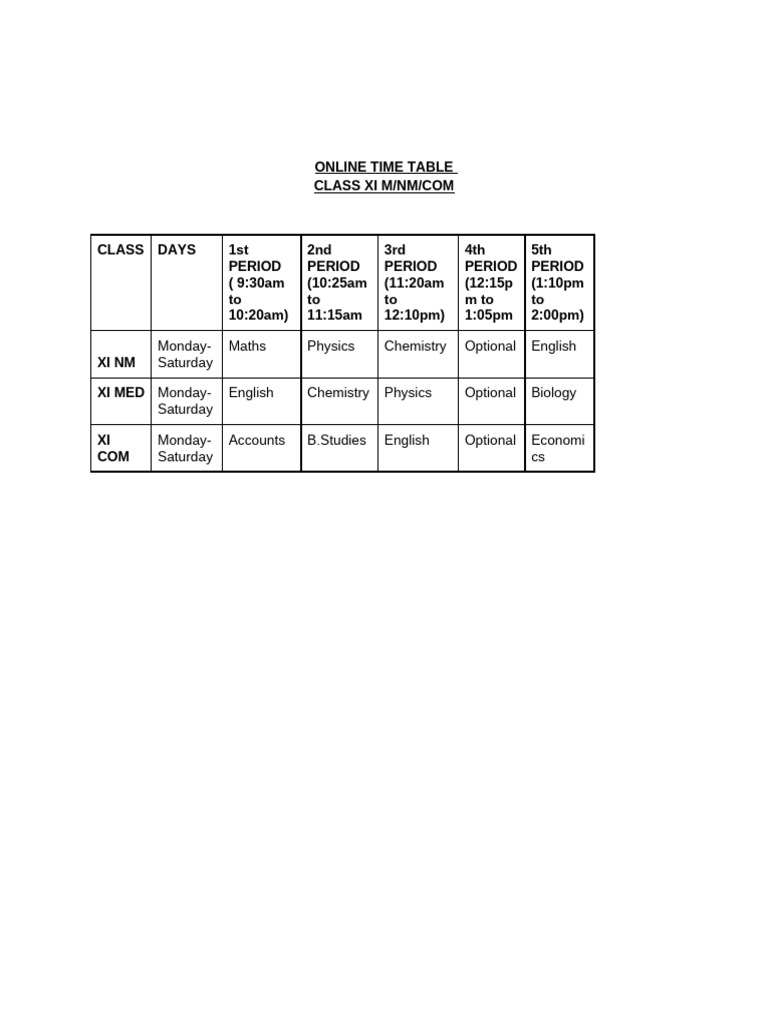 Class XI Online Timetable | PDF