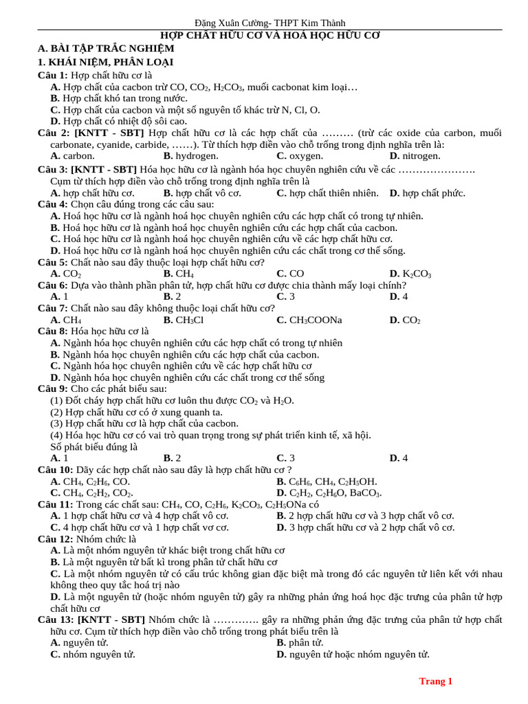 Hop Chat Huu Co Và Hoa Hoc Huu Co (HS) | PDF