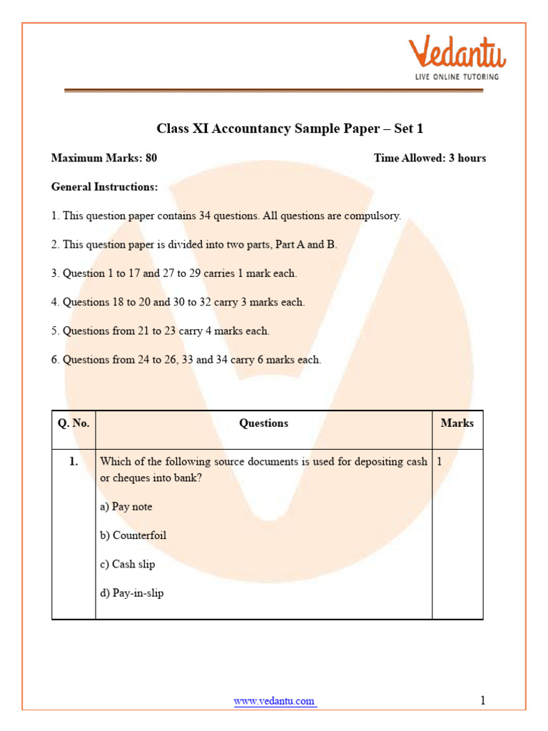 Class 11 Accountancy Sample Paper Set 1 With Solutions (2024-25) | PDF ...