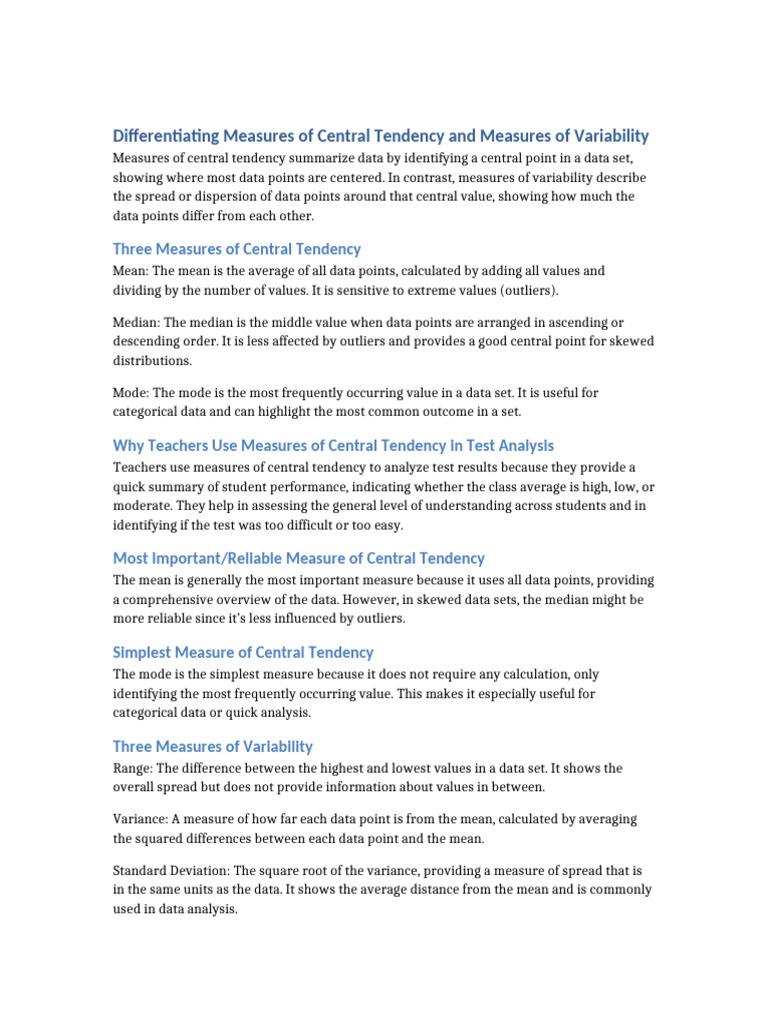 Central Tendency and Variability | PDF | Variance | Mean