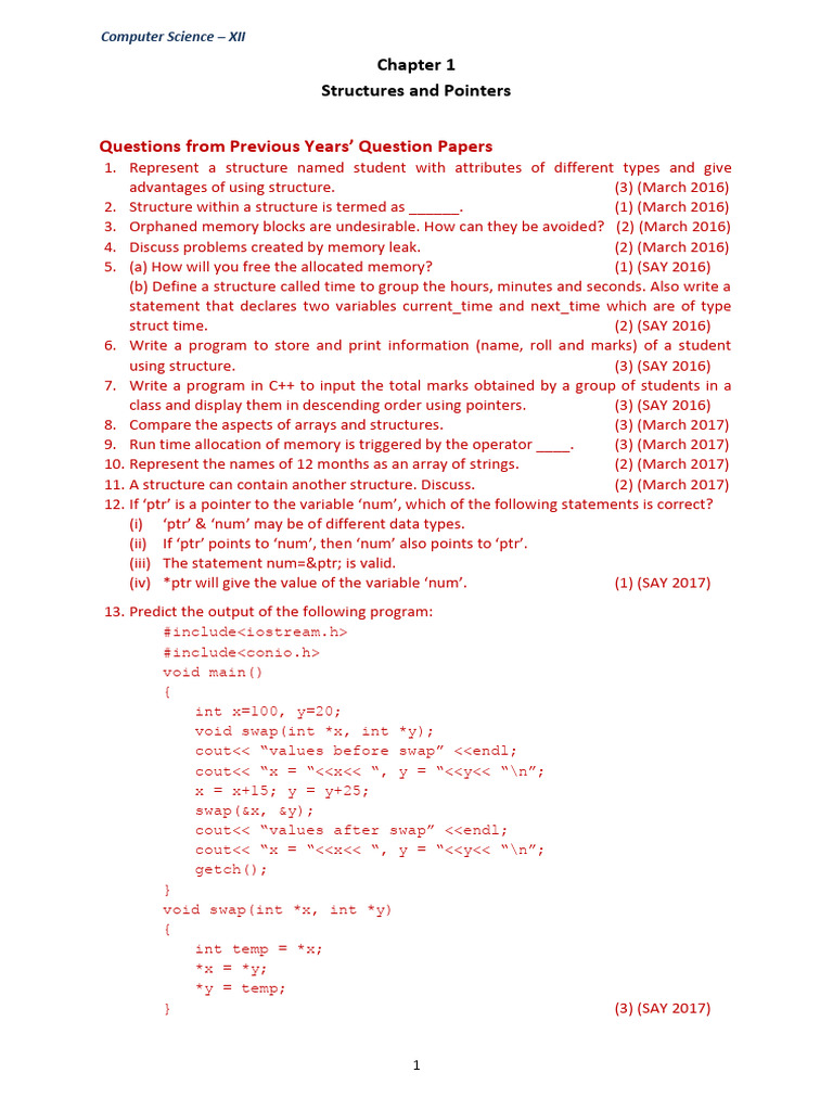 XII-Ch-1 to 3-CS questions | PDF | Pointer (Computer Programming) | Computer Programming