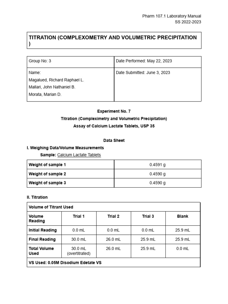 Calcium Lactate Titration Lab Report | PDF | Titration | Chemistry