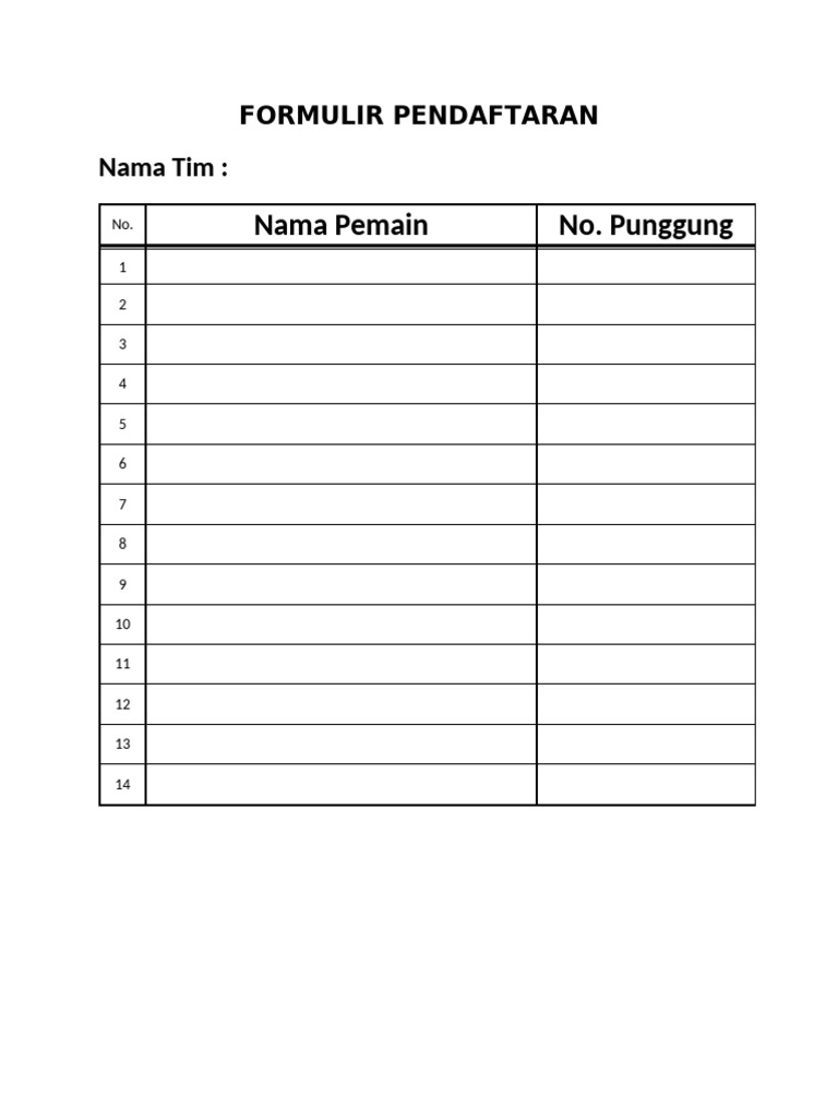 Formulir Pendaftaran Tim Olahraga | PDF