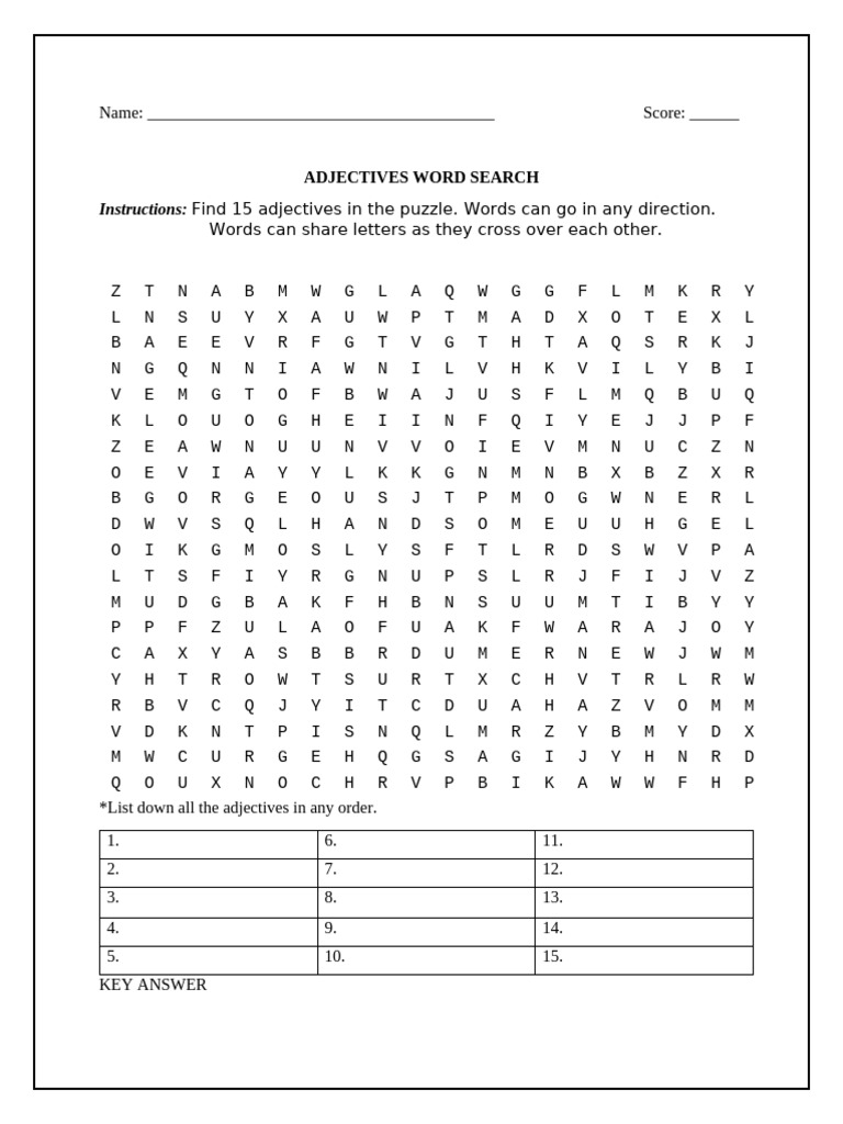 Adjectives Word Search Asf810 | PDF | Word Search | Linguistics