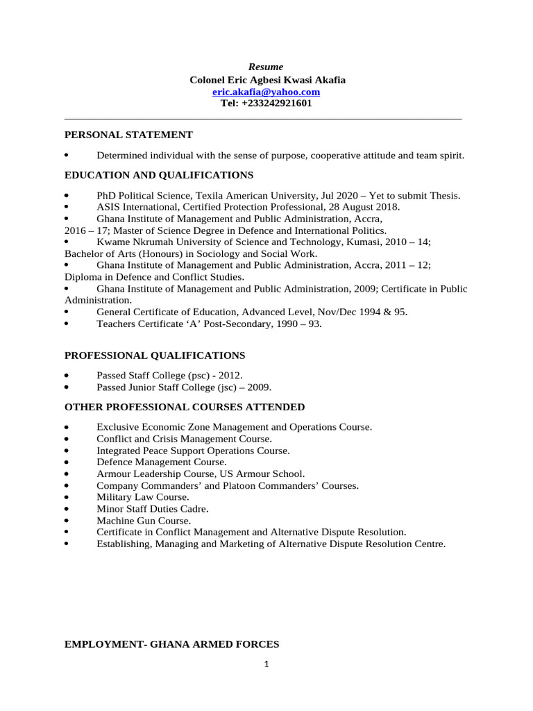 Resume Col Akafia Updated | PDF | Battalion | Platoon