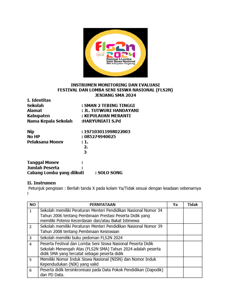 Monev FLS2N SMA 2024 di SMAN 2 Tebing Tinggi | PDF