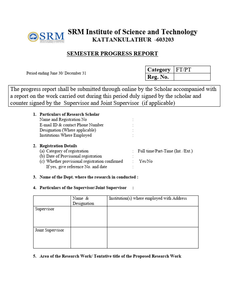SRMIST Semester Progress Report Template | PDF | Academic Publishing