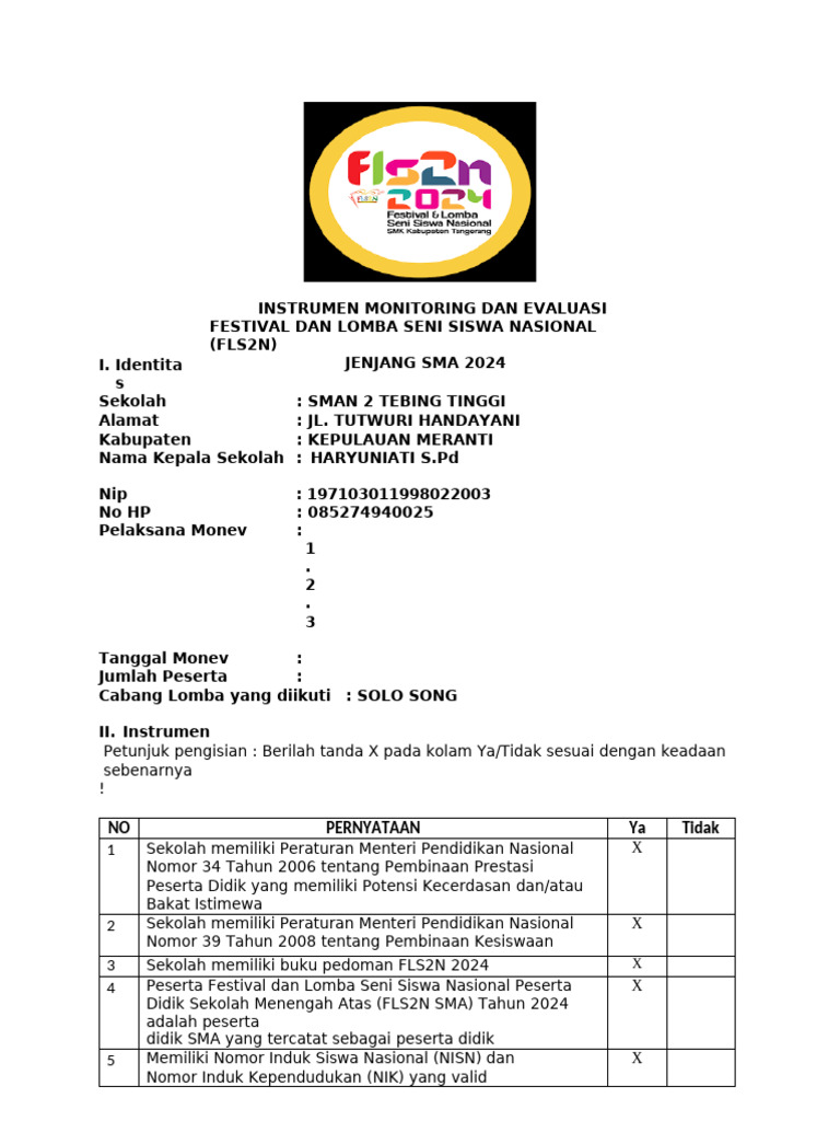 Instrumen Monev FL2SN 2024 | PDF