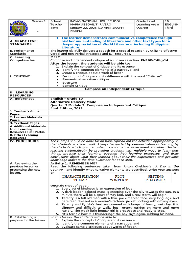 English 10 3rd Q_L2 D4 | PDF | Narrative | Learning
