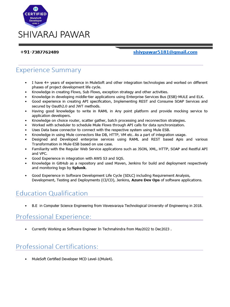 MuleSoft Developer Resume - Shivraj Pawar | PDF | Web Service | Databases