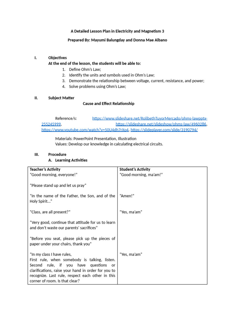 A Detailed Lesson Plan in Electricity and Magnetism 3 - 055545 | PDF ...