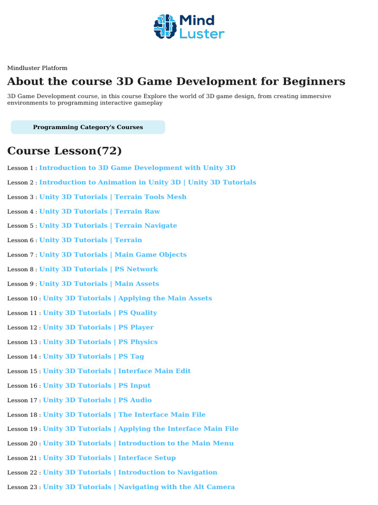 3D Game Development For Beginners Course Content | PDF | 3 D Computer Graphics | Unity (Game Engine)