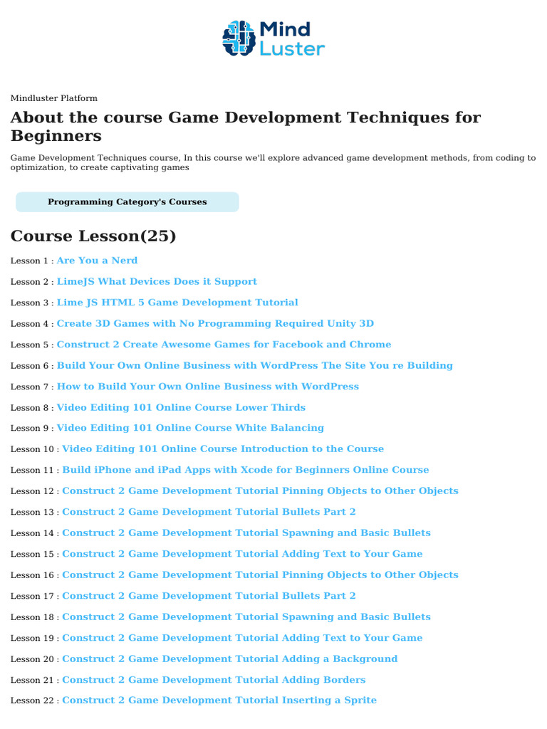 Game Development Techniques For Beginners Course Content | PDF