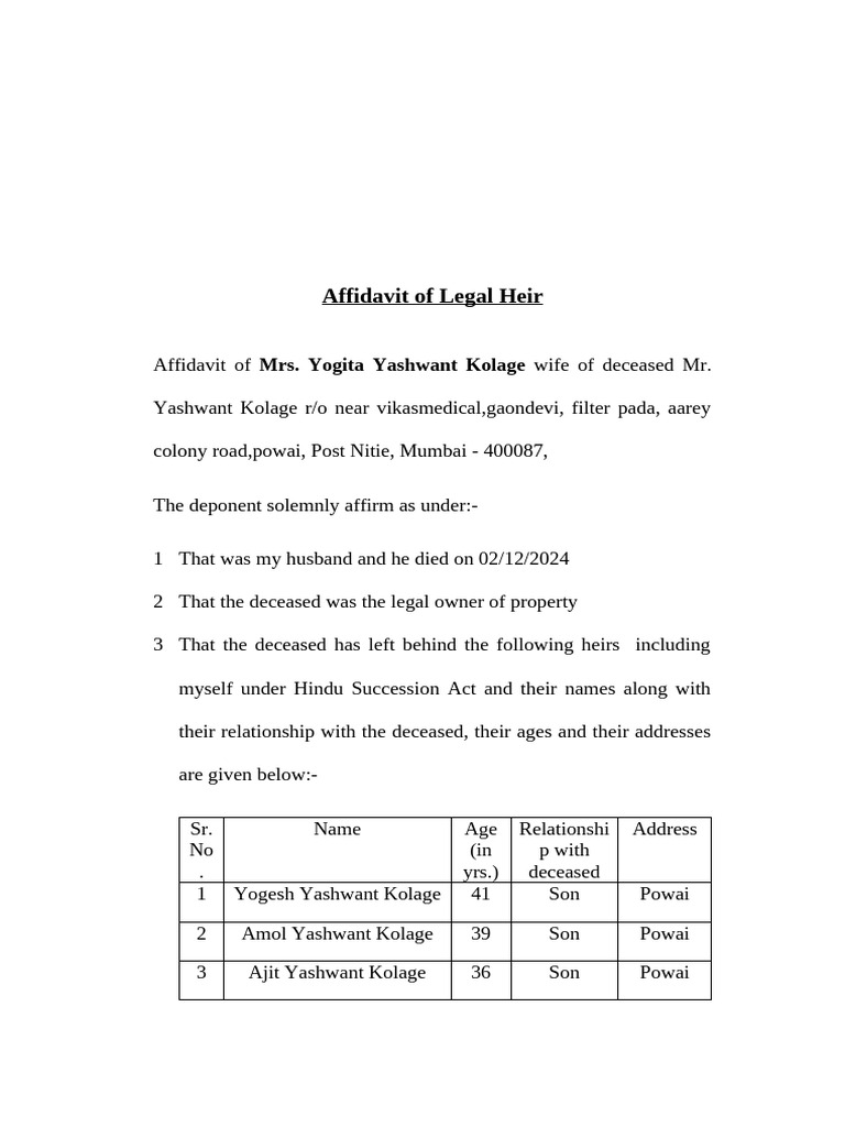Legal Heir Affidavit for Property | PDF