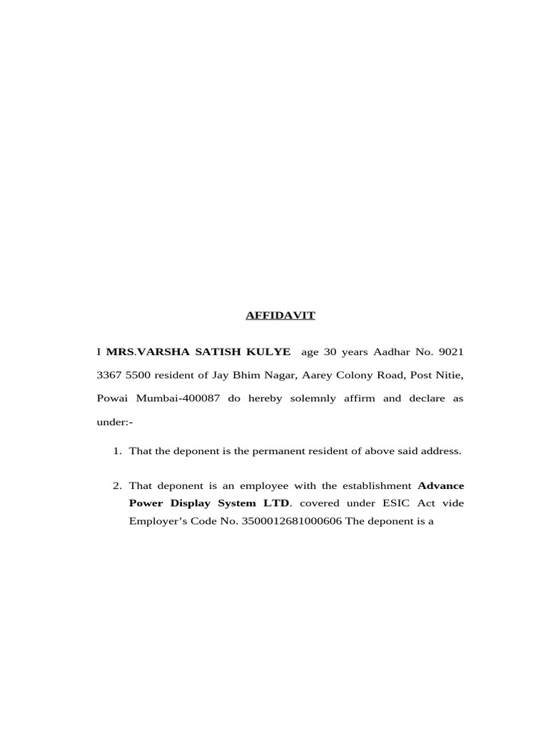 ESIC Dependent Affidavit Format | PDF