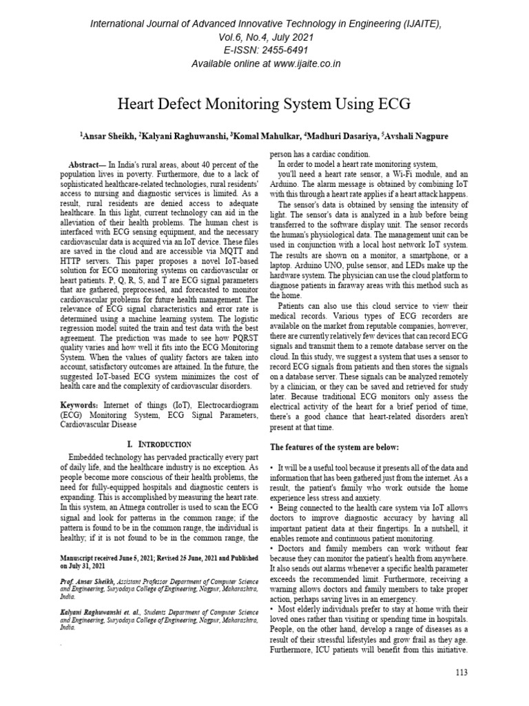 12_Heart Defect Monitoring System Using ECG | PDF | Heart Rate | Electrocardiography