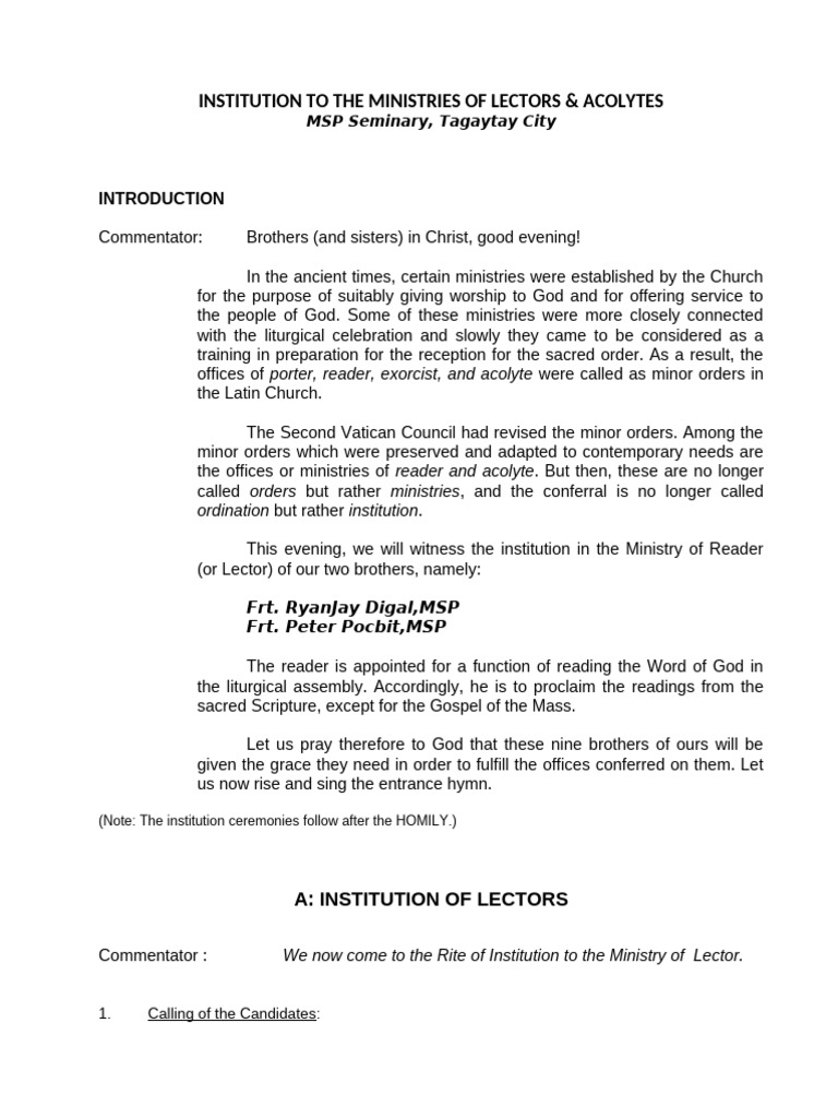 Institution To The Ministry of Lector and Acolyte | PDF | Eucharist | Jesus