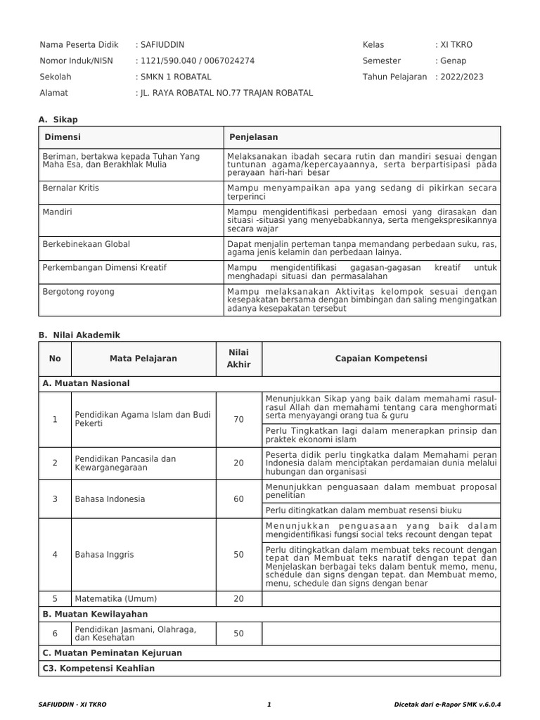 Rapor Safiuddin - Xi Tkro | PDF