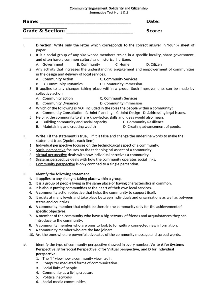 Community Engagement and Citizenship Test | PDF | Community | Cognition
