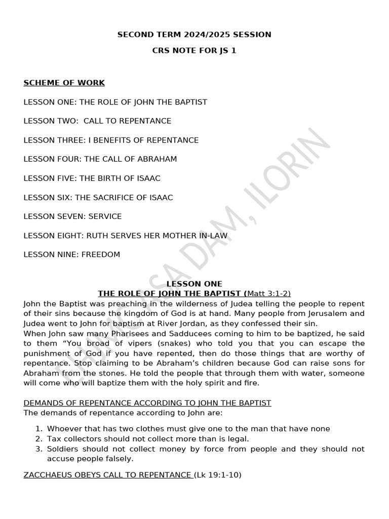 CRS Scheme of Work for JS 1 | PDF | Ruth (Biblical Figure) | Moses