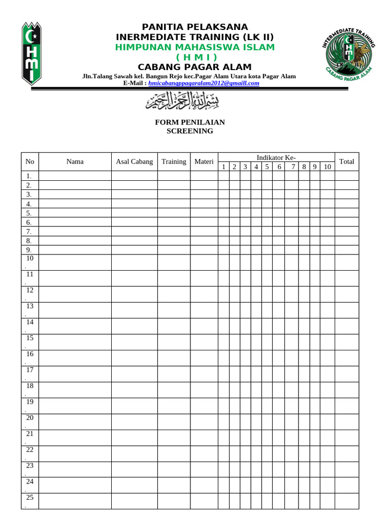 Form Penilaian Screening Training | PDF