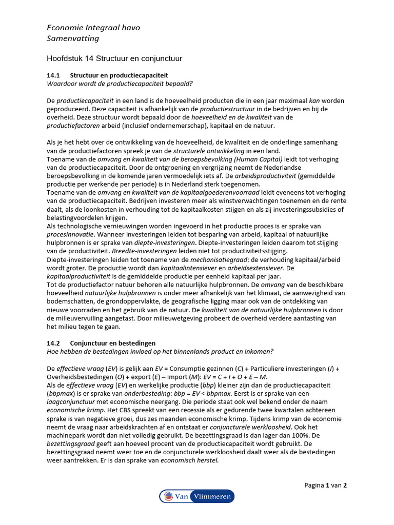 Economie Samenvatting Hoofdstuk 14 | PDF