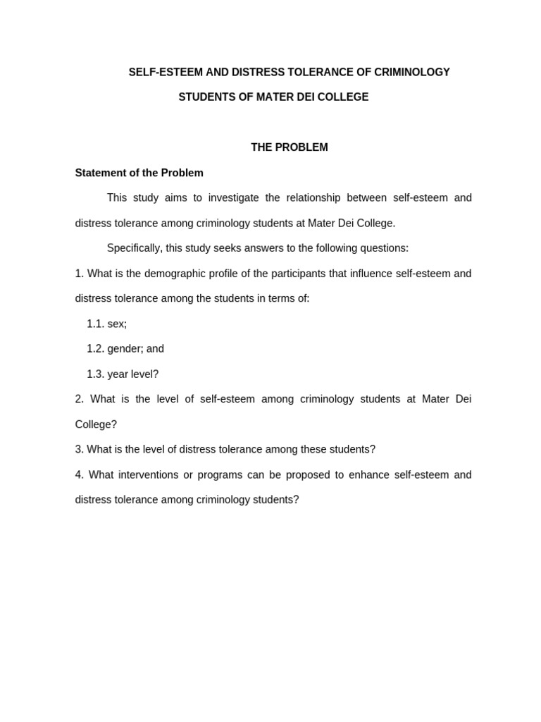 Self-Esteem and Distress Tolerance of Criminology Students of Mater Dei College | PDF | Self ...