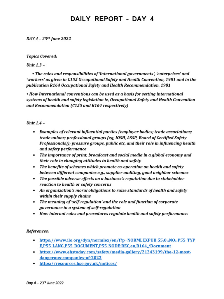 Day 4 Report on Health & Safety Legislation | PDF