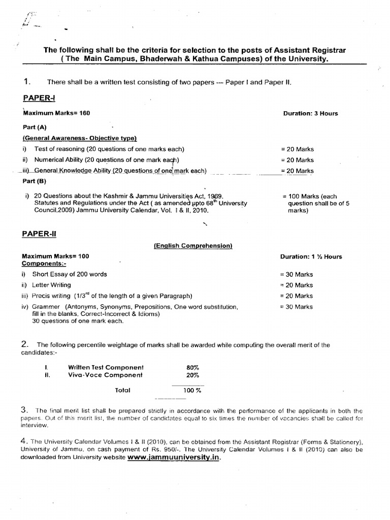 Assistant Registrar Exam Criteria | PDF